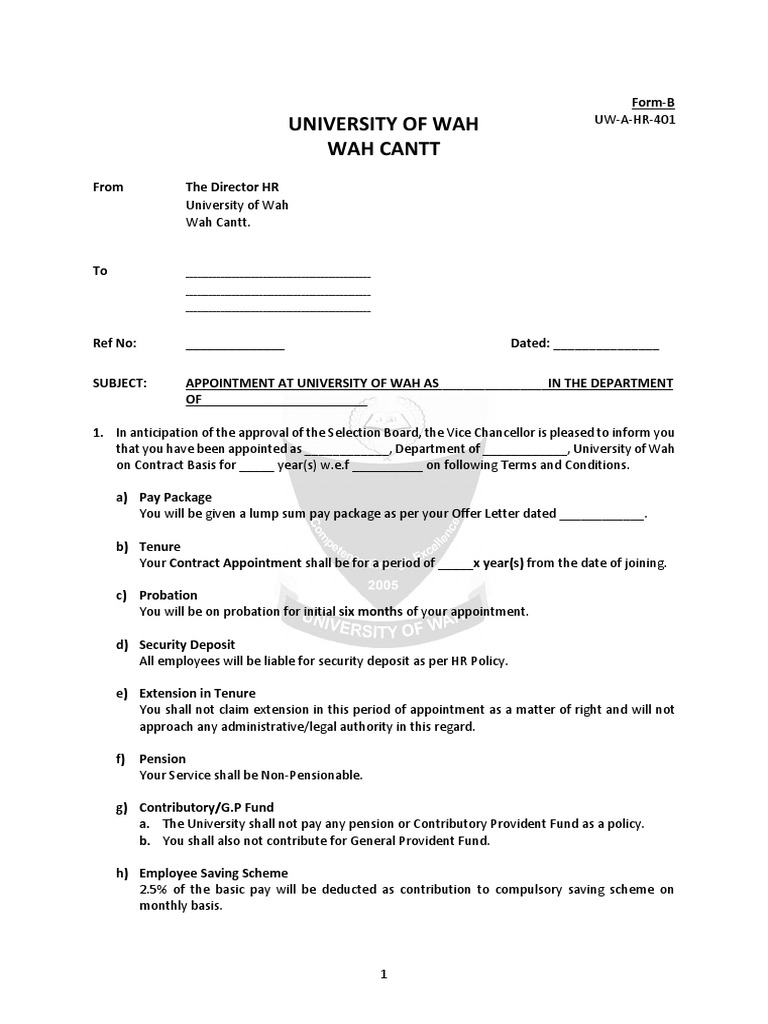 Form-B University of Wah Appointment Letter (Selection Through BoG) | PDF | Pension | Employment