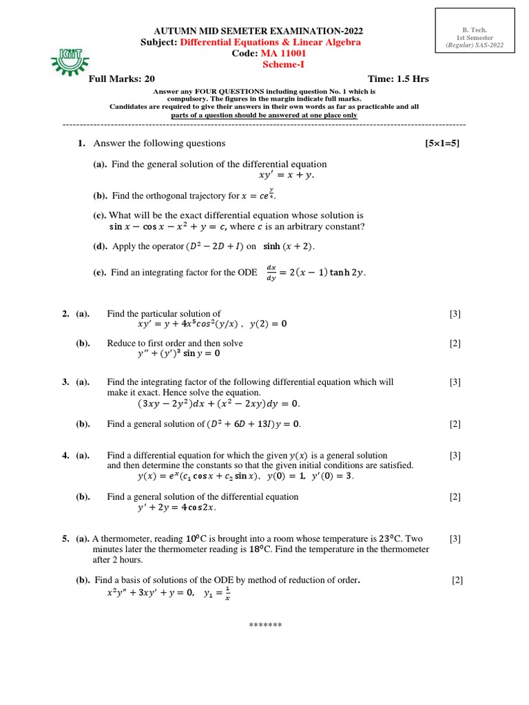 math mid sem 1 kiit paper | PDF | Ordinary Differential Equation ...