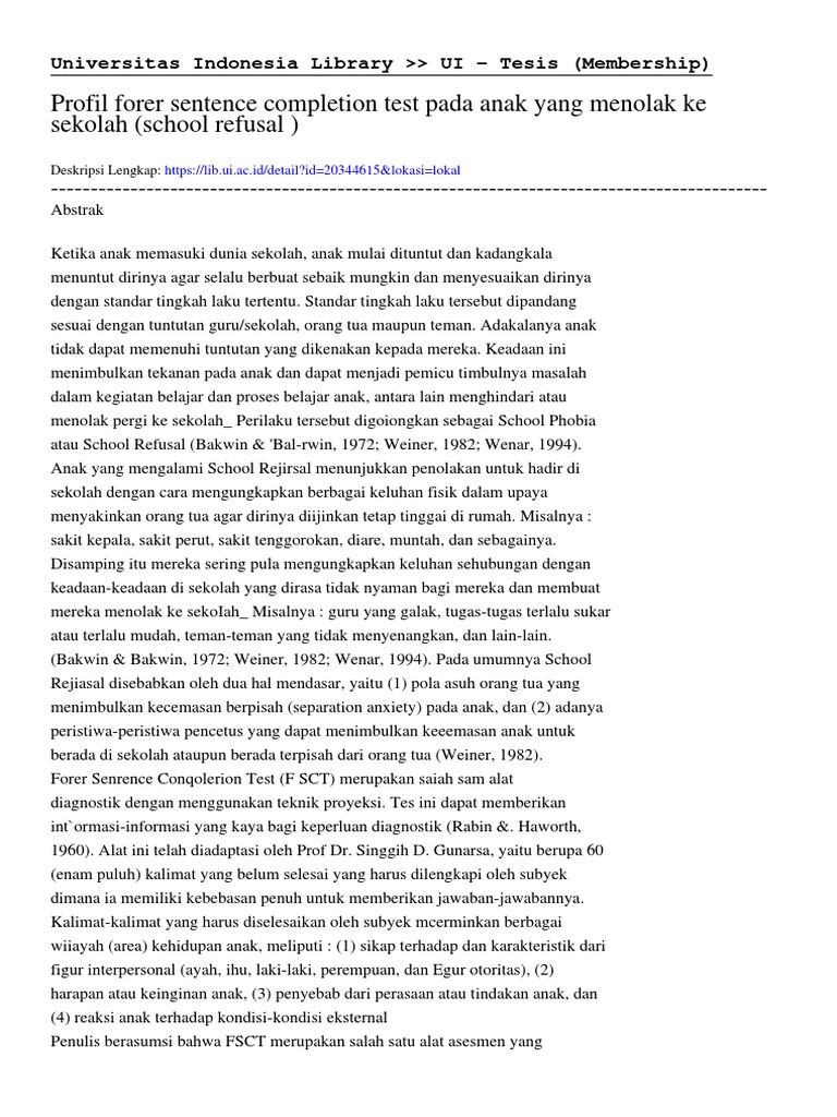 Profil Forer Sentence Completion Test Pada Anak Yang Menolak Ke Sekolah ...