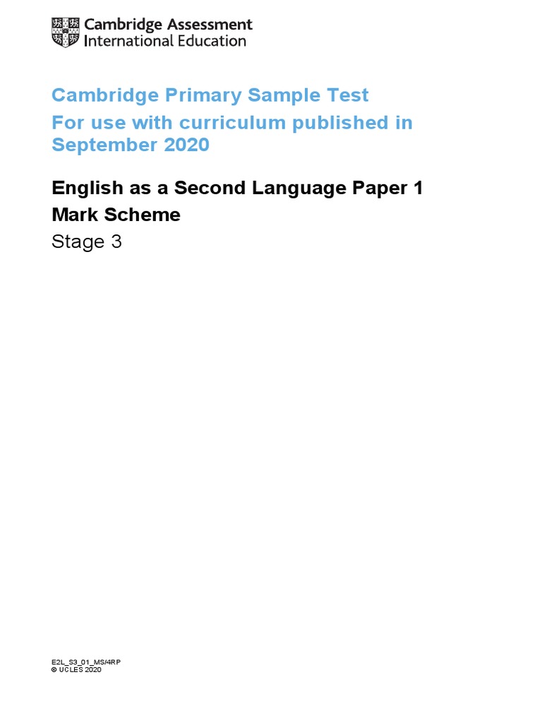 English As A Second Language Stage 3 Sample Paper 1 Mark Scheme ...