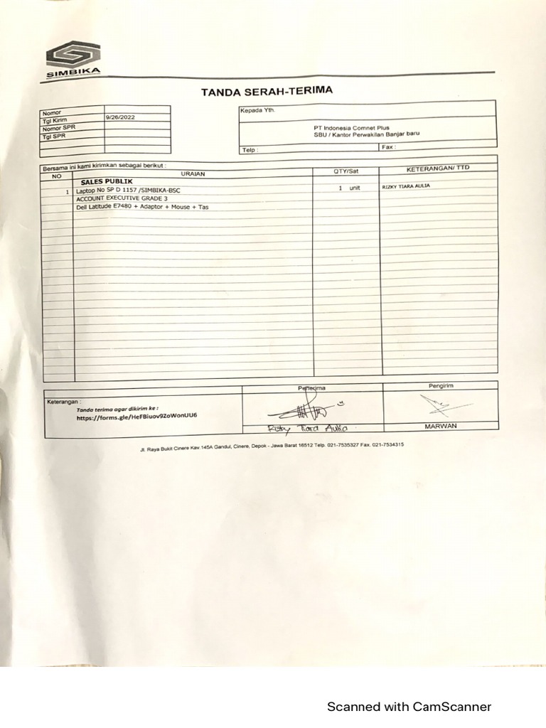 Tanda Terima Laptop Rizky Tiara Aulia | PDF