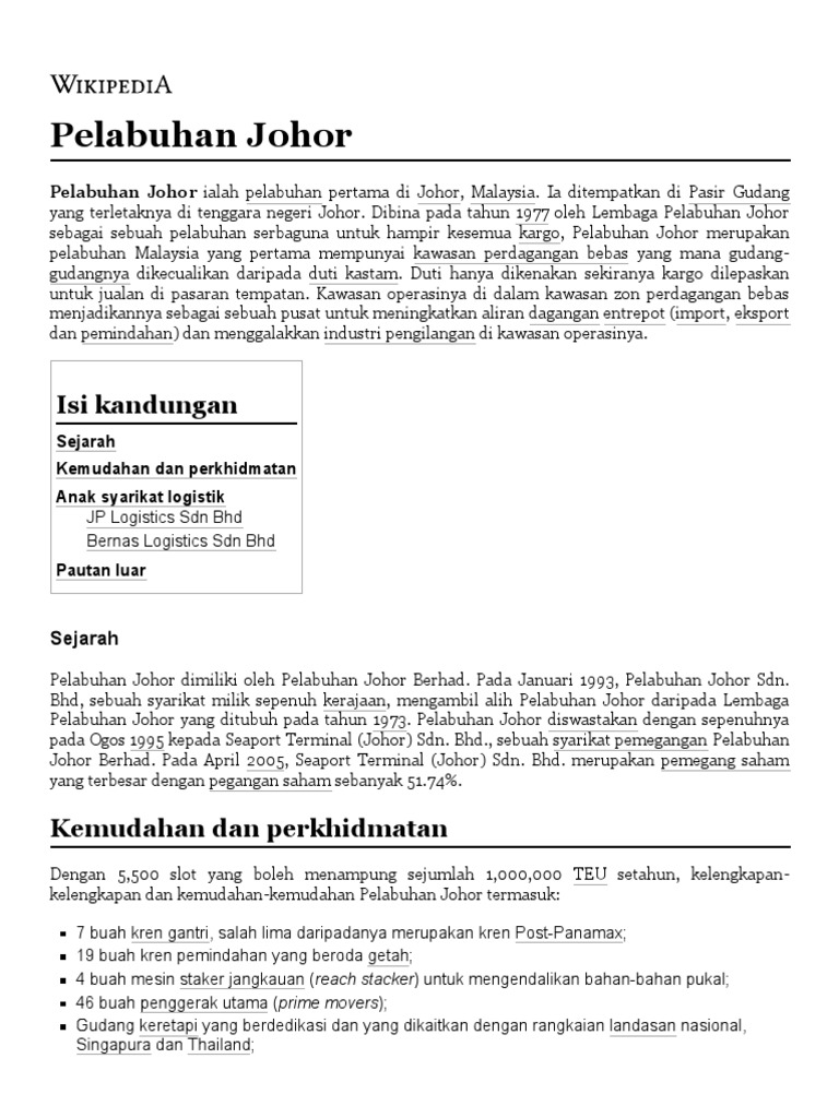 7 Pelabuhan Johor Wikipedia Bahasa Melayu, Ensiklopedia Bebas | PDF