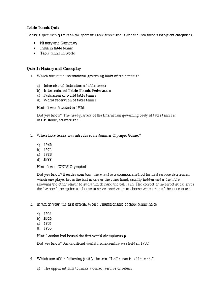 Table Tennis Quiz | PDF | Table Tennis | International Sports Competitions
