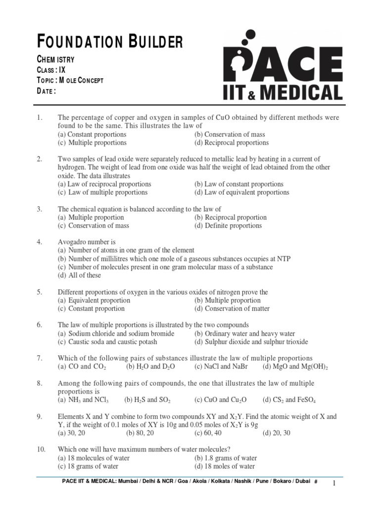 Mole Concept Questions for Class IX Chemistry | PDF | Mole (Unit ...