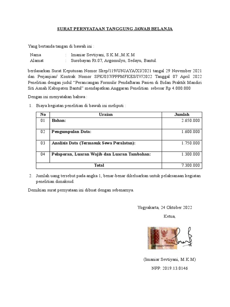 Surat Tanggung Jawab Belanja (SPTB) 2022083837 | PDF
