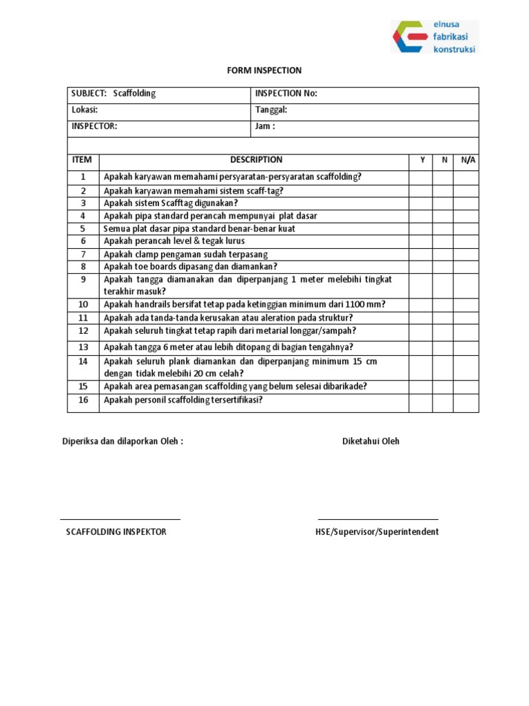 Form Inspection Scaffolding For Inspector Pdf