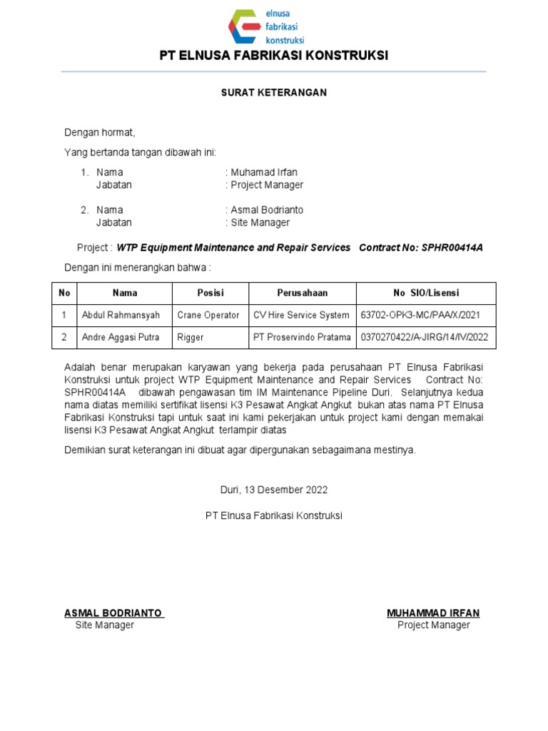 Surat Keterangan Operator Crane Dan Rigger | PDF