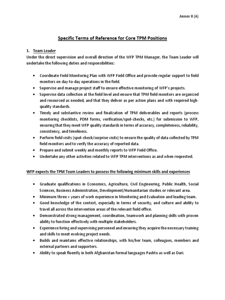 Annex II (A) Terms of Reference For TPM Staff | PDF | World Food Programme