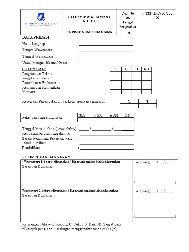 Form Interview Sumarry Sheet | PDF