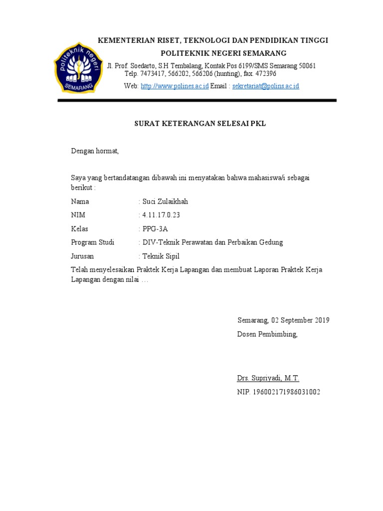 Surat Keterangan Selesai PKL | PDF