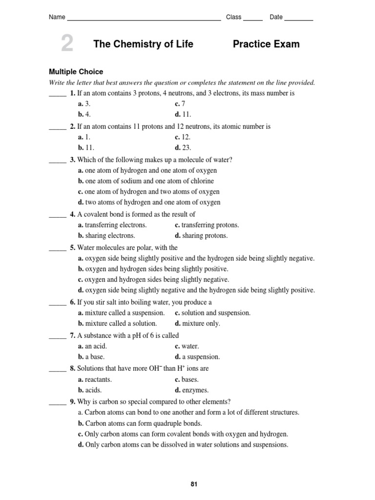 Chemistry of Life Practice Exam | PDF | Atoms | Hydrogen