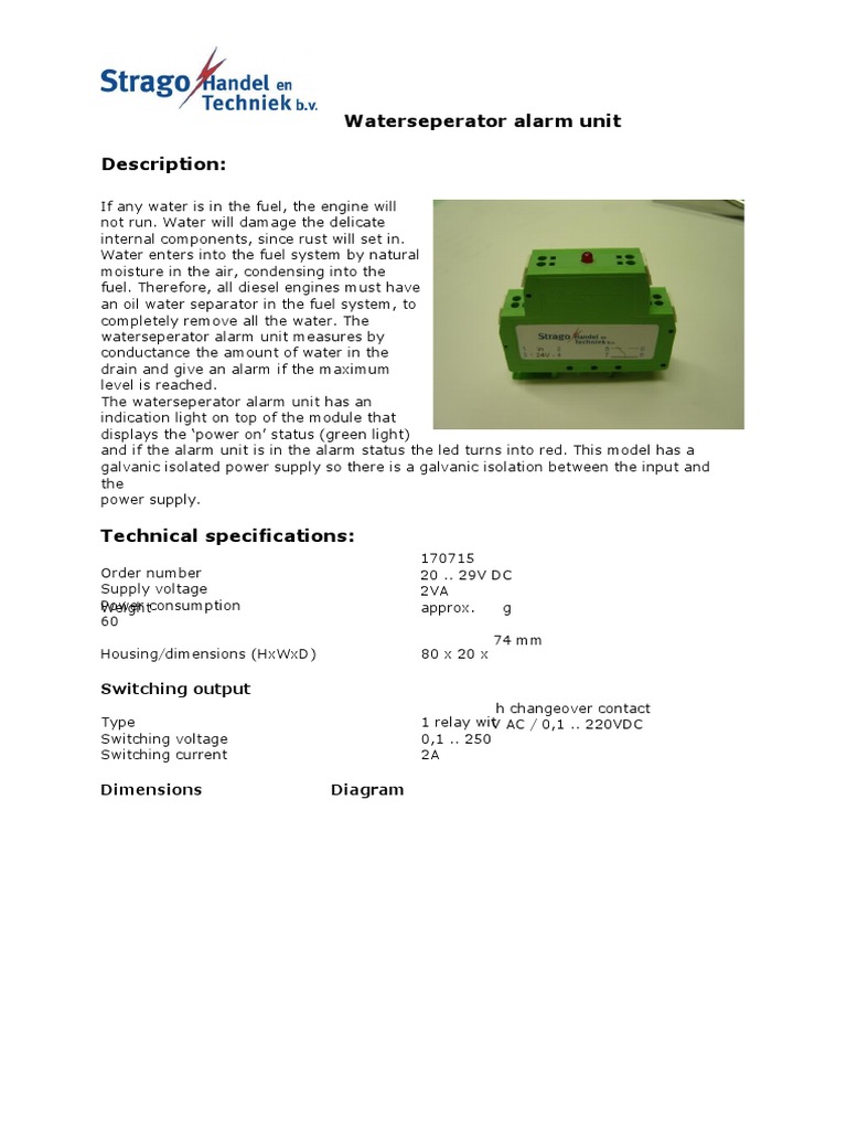 Strago Waterseparator Alarm Unit Technical Specification | PDF