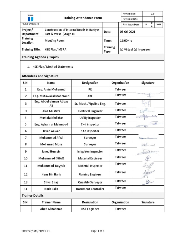 HSE Plan and Method Statements Training Attendance Form for the ...
