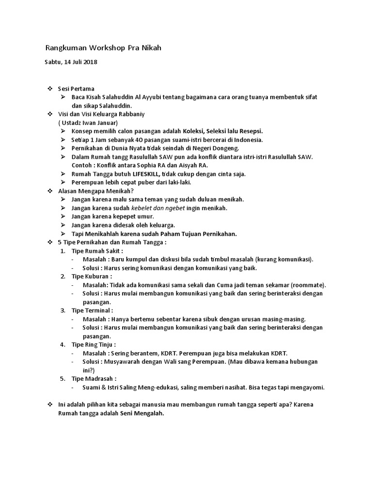 Rangkuman Materi Workshop Pra Nikah | PDF
