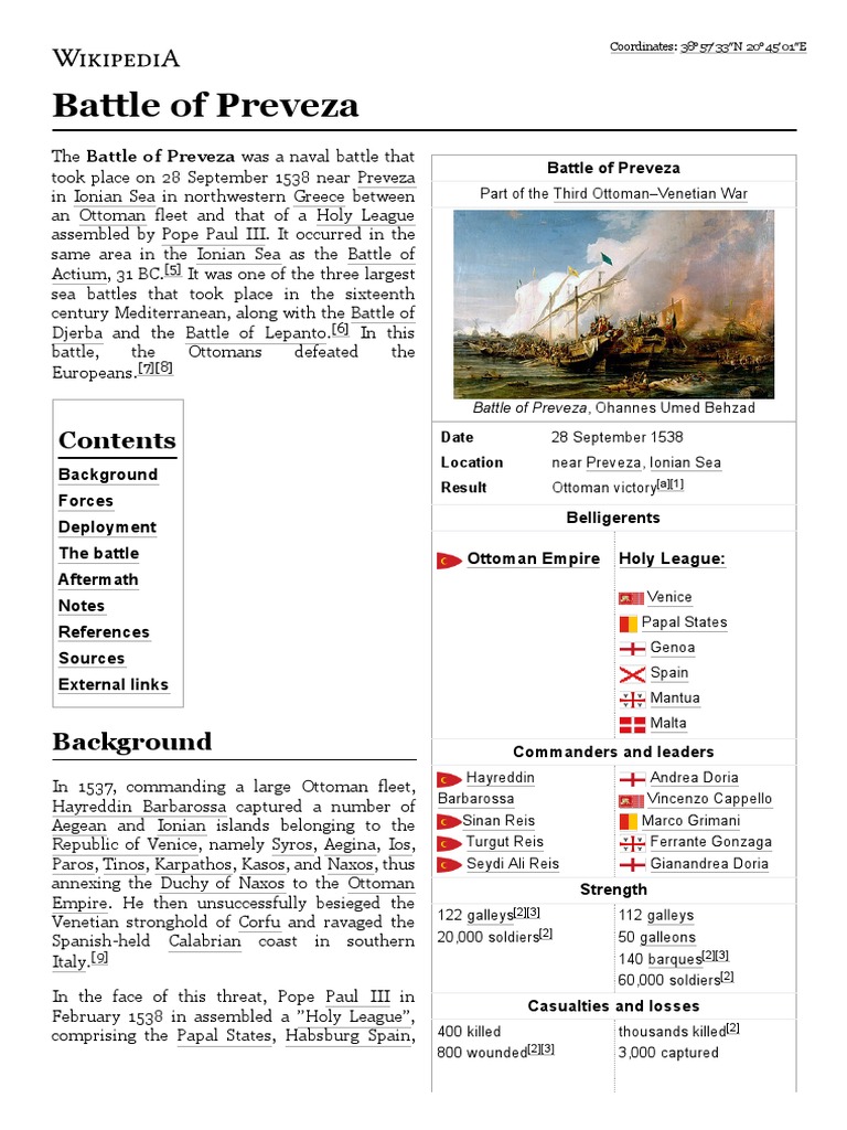 Battle of Preveza - Wikipedia | PDF | Ottoman Empire | Foreign ...