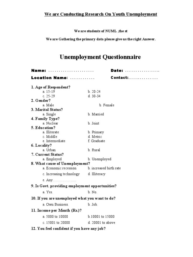 Unemployment Questionnaire | PDF | Unemployment | Social Science