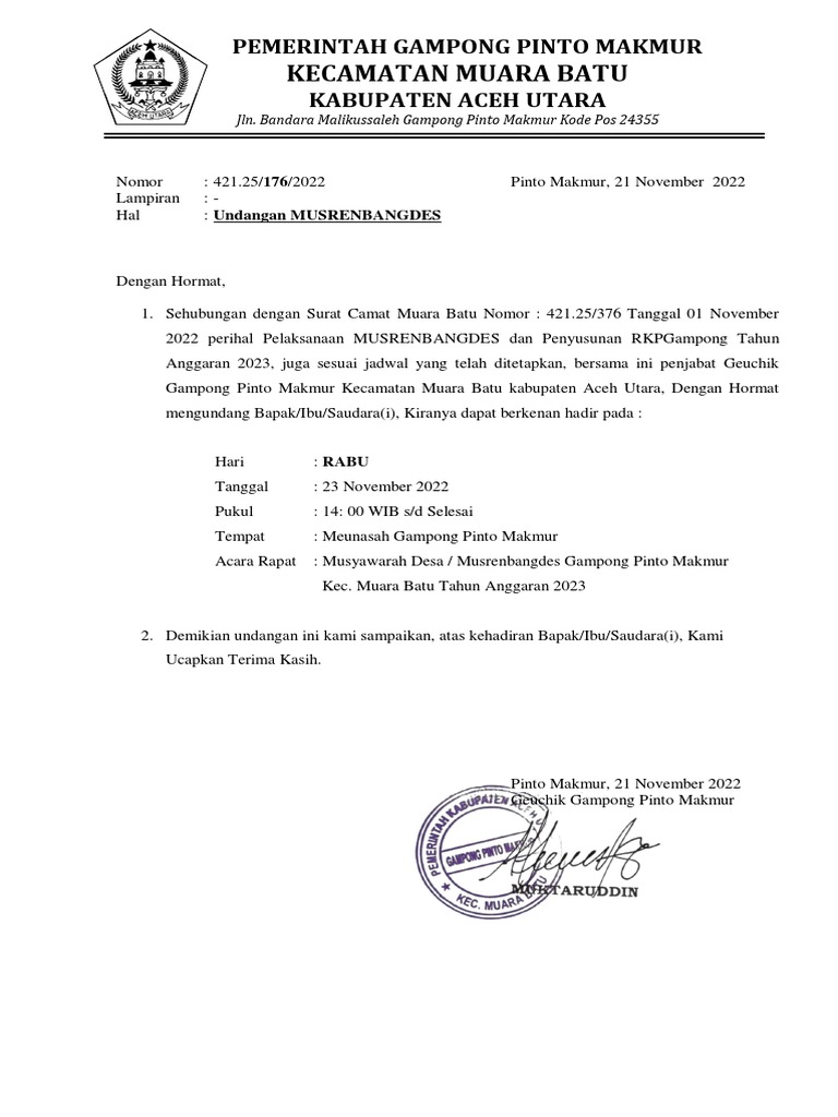 Undangan Musrenbangdes Pinto Makmur | PDF