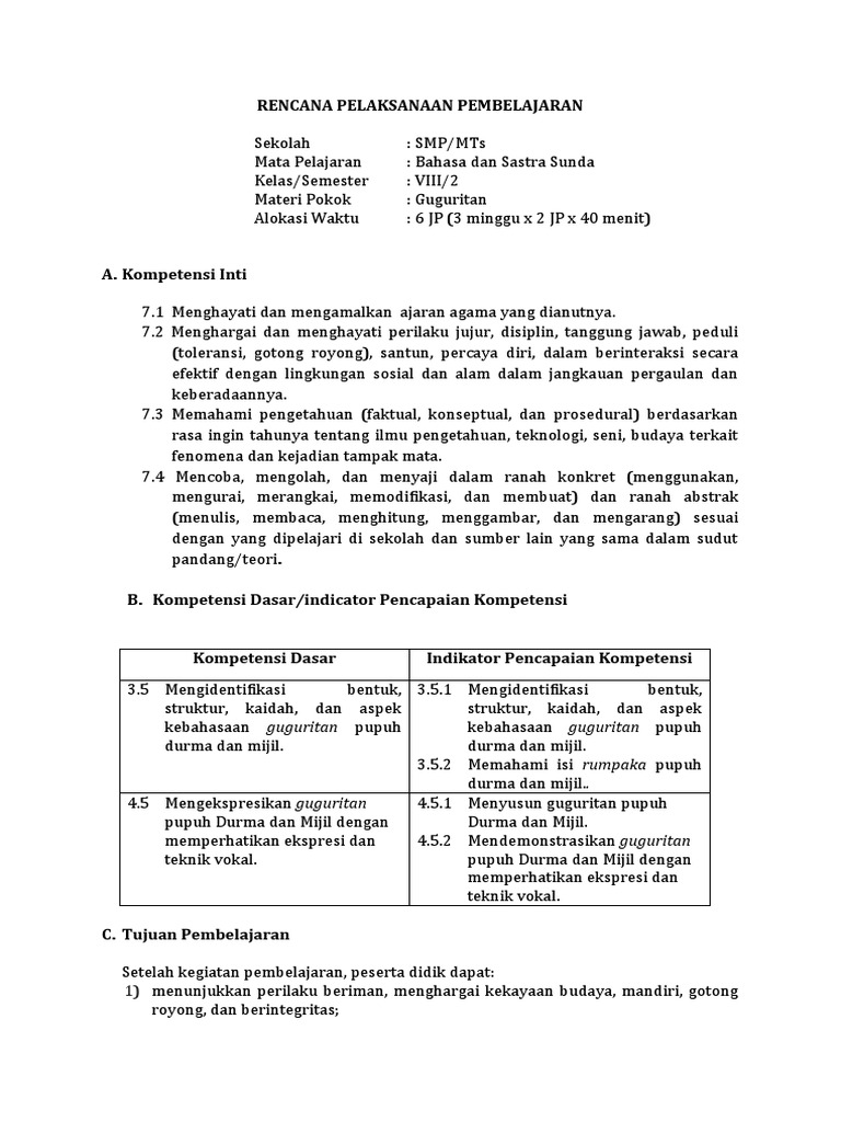 RPP Bahasa Sunda: Guguritan Kelas VIII | PDF