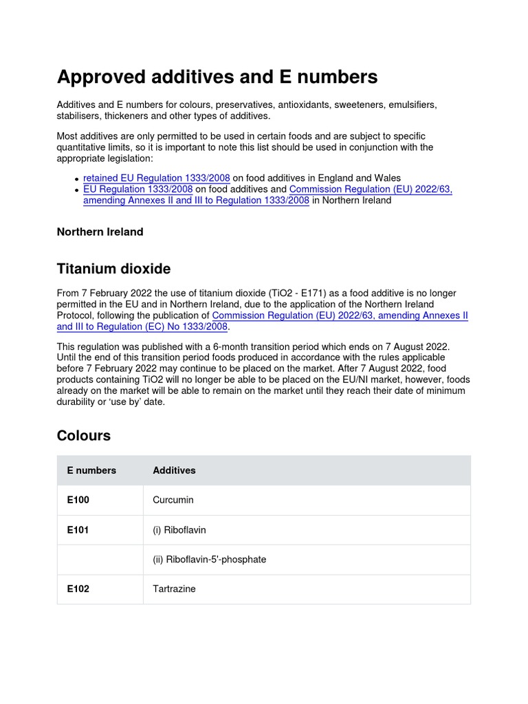 Approved Additives and E Numbers | PDF