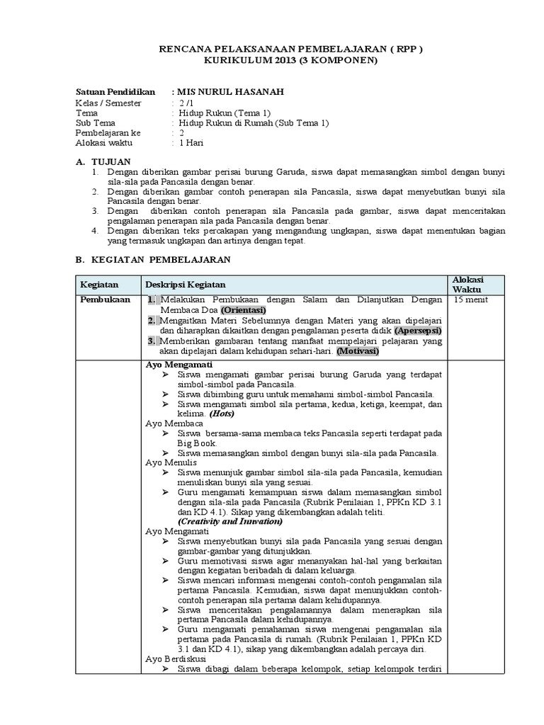 File RPP Kelas 2 Tema 1 Sub Tema 1 | PDF
