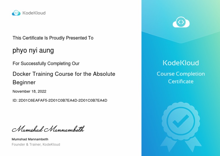 Course Certificate - Docker Training Course For The Absolute Beginner - Phyo Nyi PDF | PDF