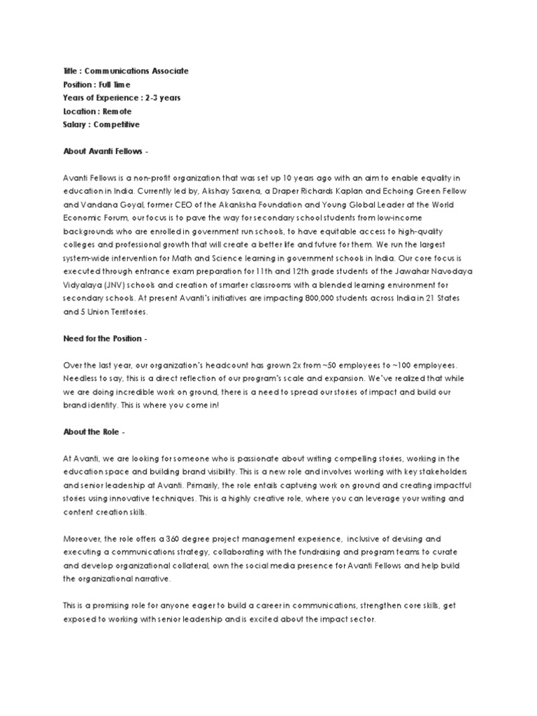 JD Communications Associate Avanti Fellows 1636970453 | PDF | Social ...