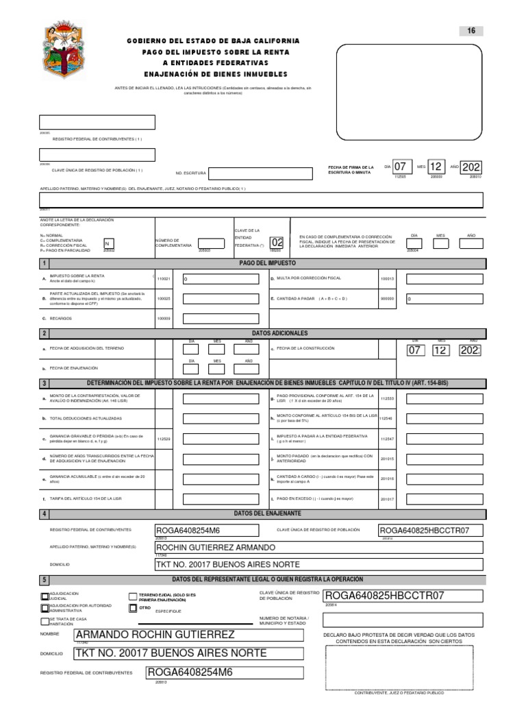 Formato 16 ISR Enajenacion Inmuebles | PDF | Impuestos | Gobierno
