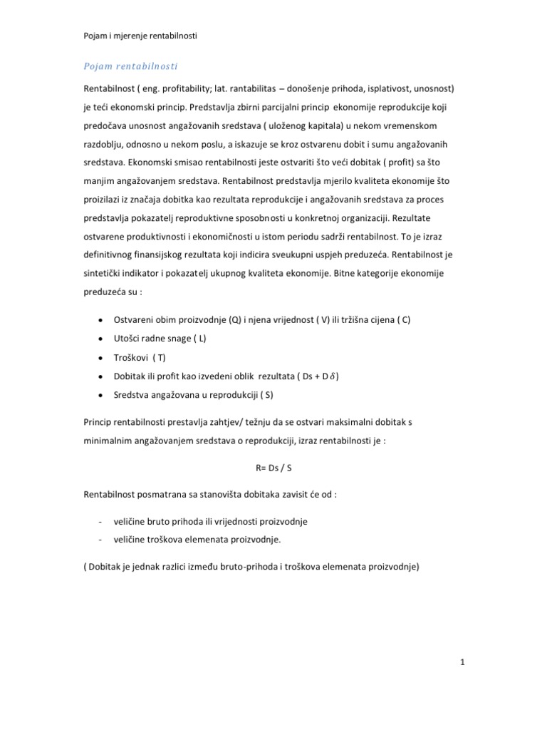 Rentabilnost, Seminarski, Ekonomika | PDF