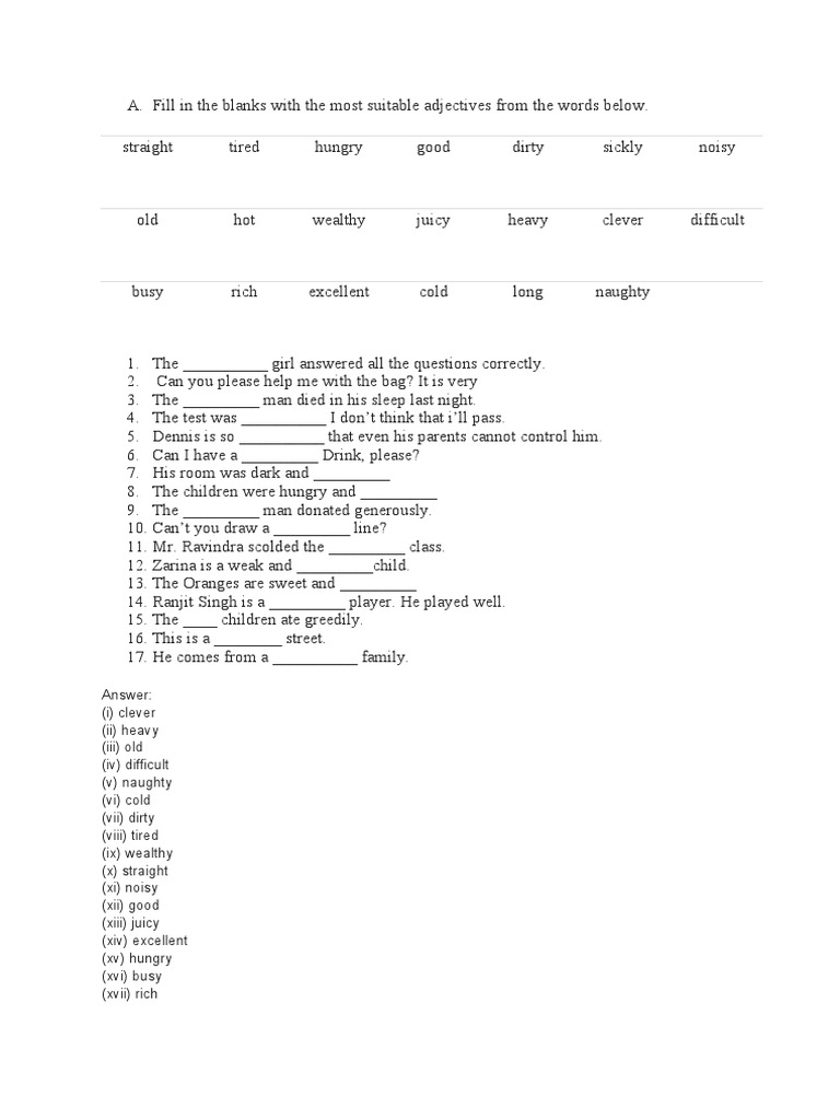 Adjectives Exercise With Answer | PDF