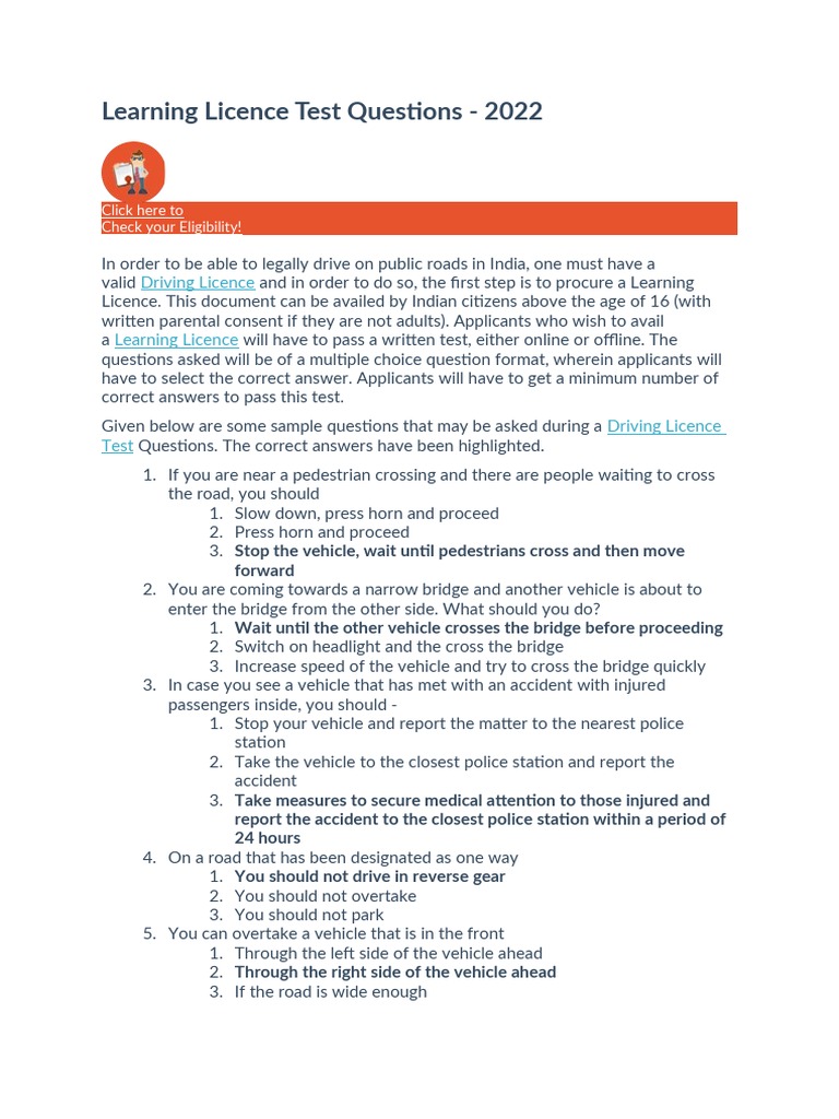 Learning Licence Test Questions | PDF | Traffic | Driver's License