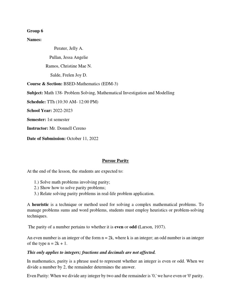 Math138 Group 6 Written Report Pursue Parity Color and Prove | PDF
