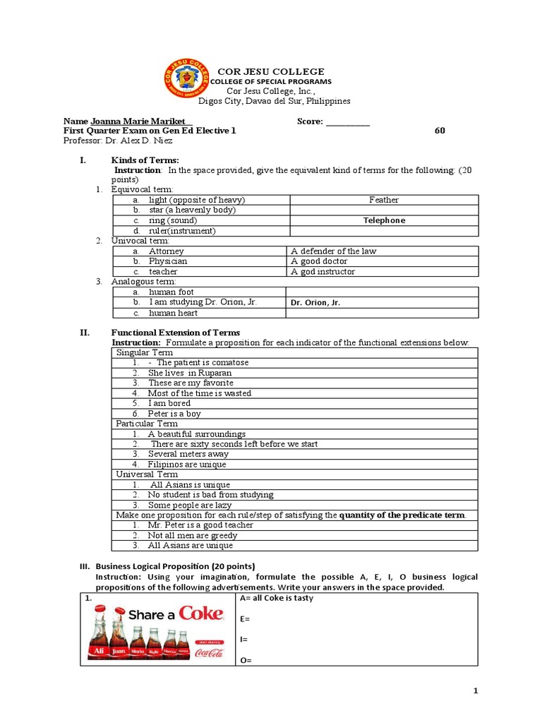First Quarter Exam On Gen Ed Elective 1.edited | PDF | Logic | Proposition