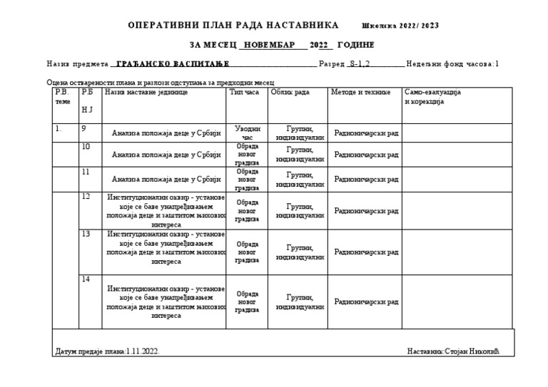 GRADJANSKO VASPITANJE-Novembar (8-1,2) | PDF