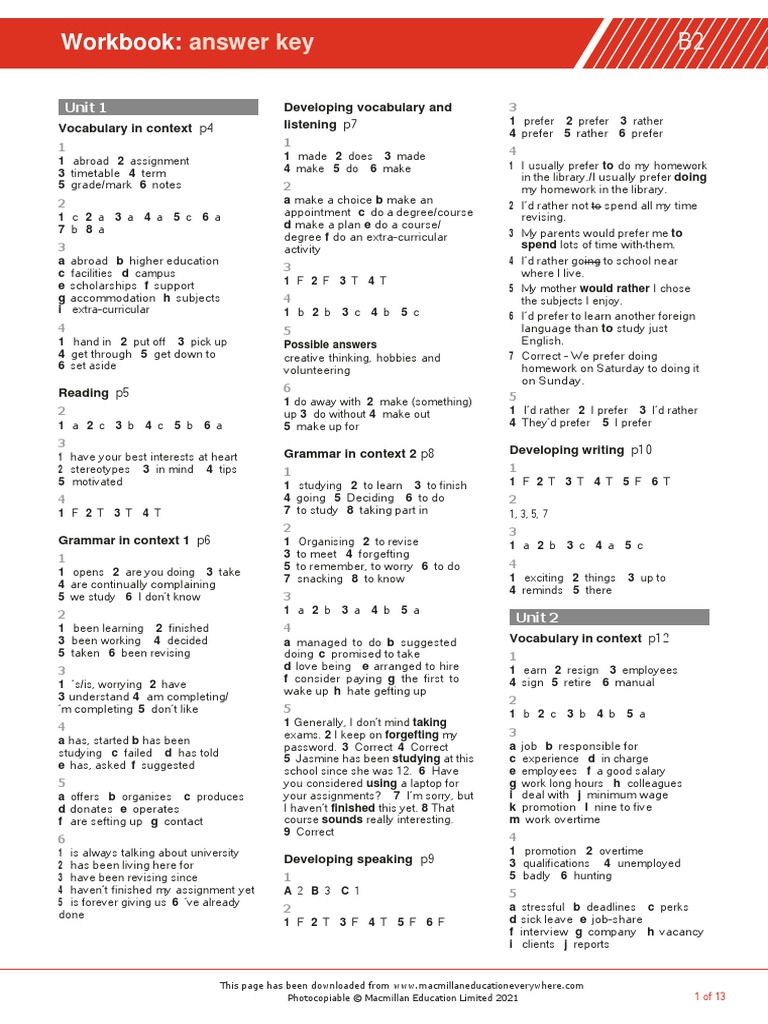 B2 - Workbook - Answer - Key - Units1 - 2 - 3 | PDF | Cognitive Science