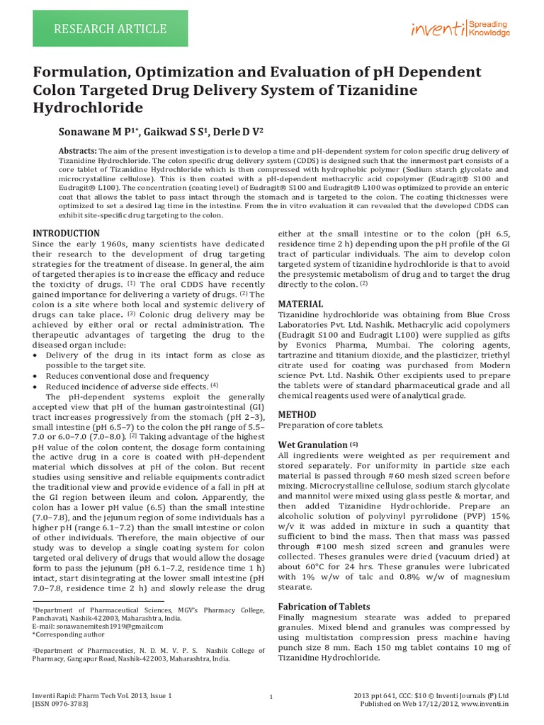 2013 Colon Targeted Drug Delivery System of Tizanidine | PDF | Tablet ...