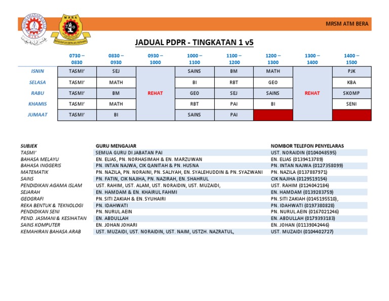 Jadual PDPR - Tingkatan 1 V5: Isnin Selasa Rabu Khamis Jumaat | PDF
