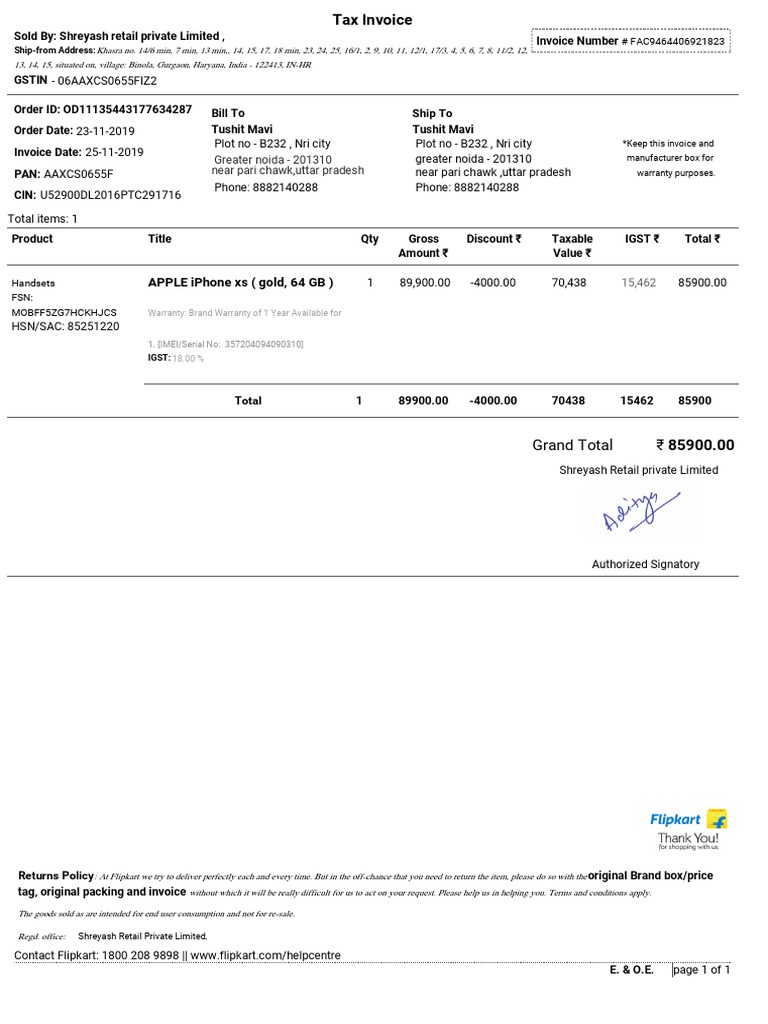 Iphone Xs Bill | PDF | I Phone | Apple Inc.