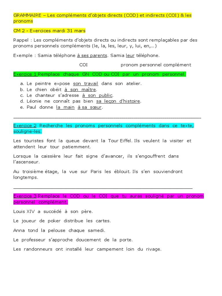 Exercices sur COD et COI en grammaire | PDF | Complément d'objet ...