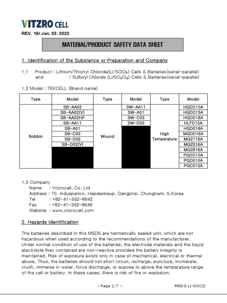 MSDS Vitzro (EN) 20220103 | PDF | Oxide | Sulfur