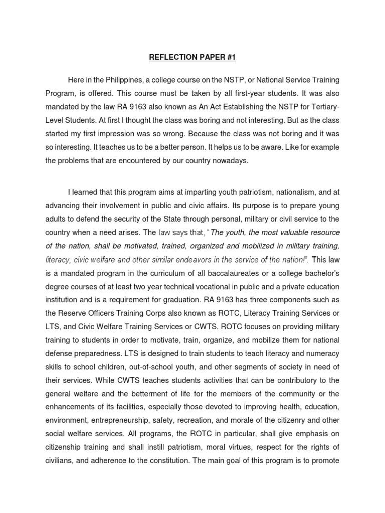 Reflection Paper #1 NSTP Orientation | PDF | Literacy | Reserve Officers' Training Corps