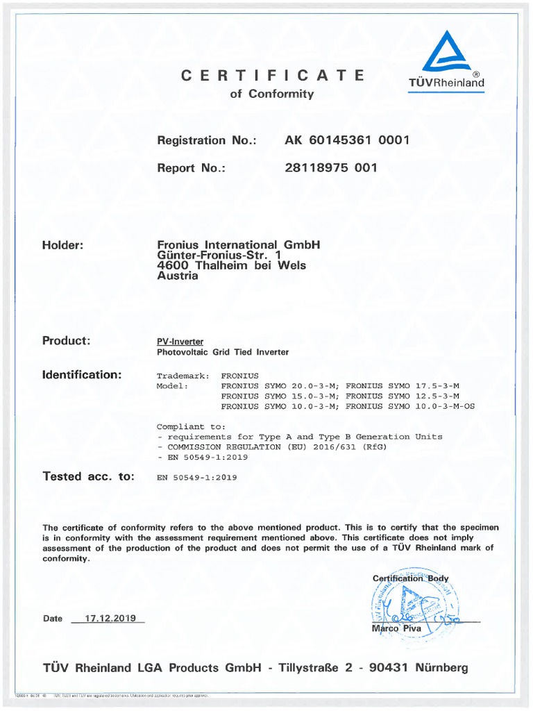 SE CER Conformity EN 50549-1 RFG Fronius Symo 10.0-3-M - 20.0-3-M EN | PDF
