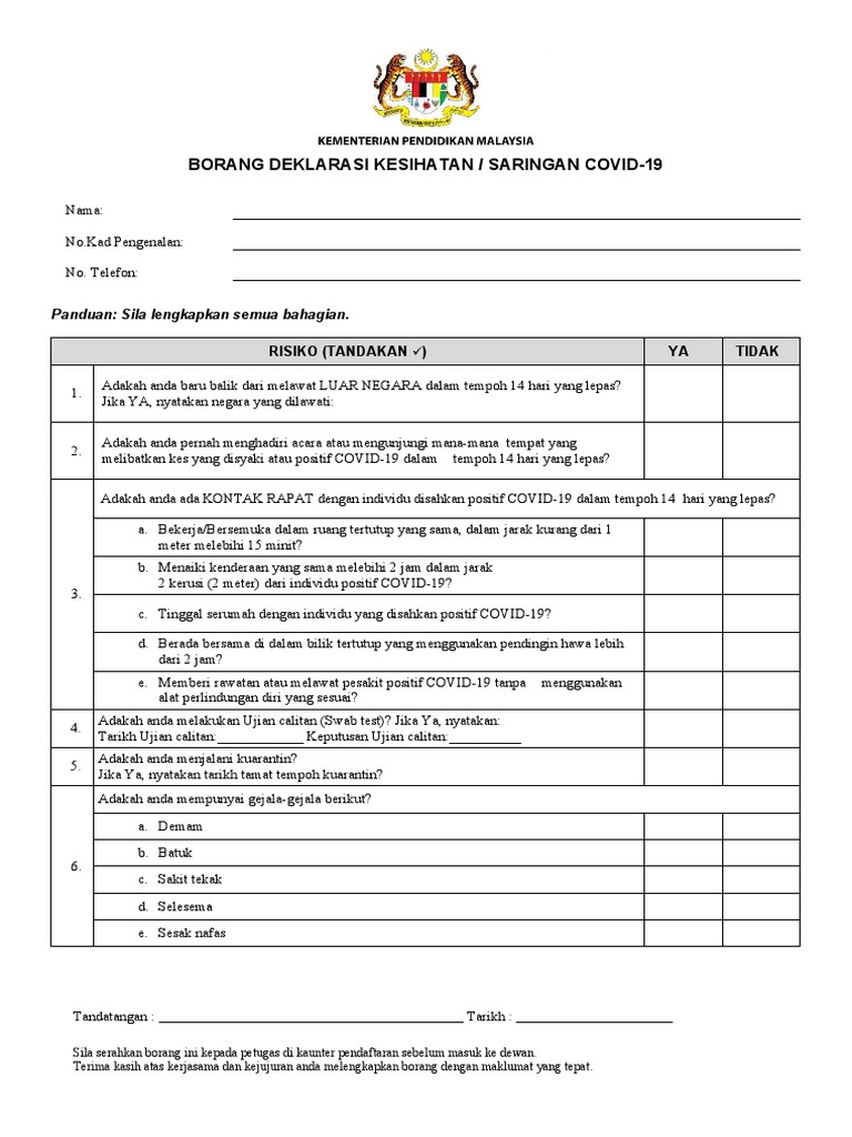 Borang Deklarasi Kesihatan Saringan Covid - 19 | PDF