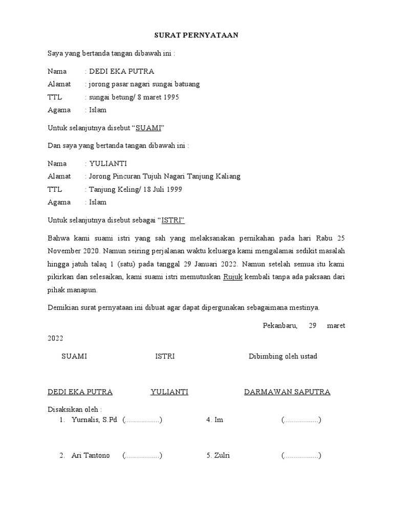 Pernyataan Rujuk Suami Istri | PDF