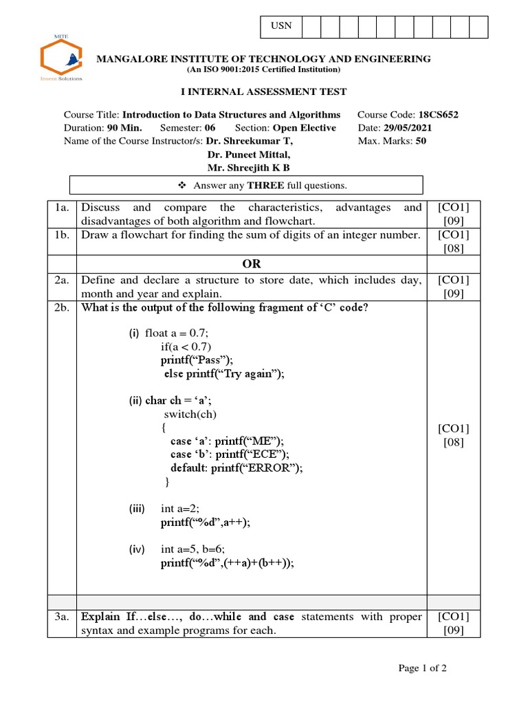 Ds 18cs652 Ia1 Qpaper Pdf Array Data Structure Pointer Computer Programming 