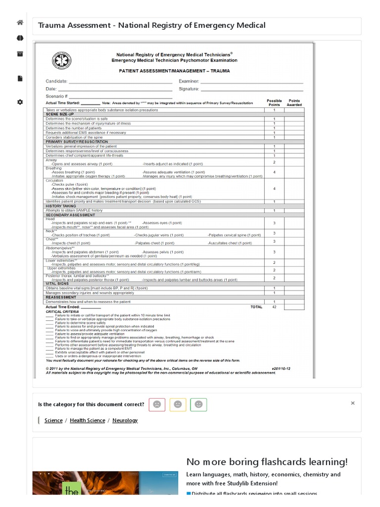 Trauma Assessment - National Registry of Emergency Medical | PDF | Flashcard | Health Sciences