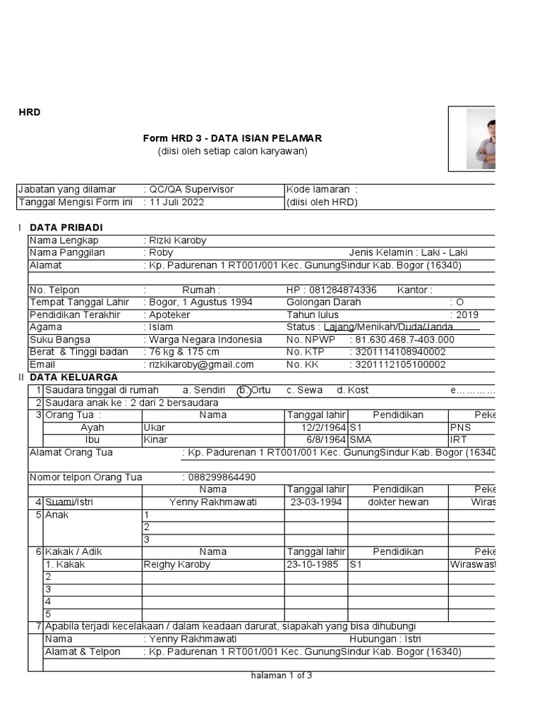 Form Rekrutmen GOC Rizki Karoby | PDF