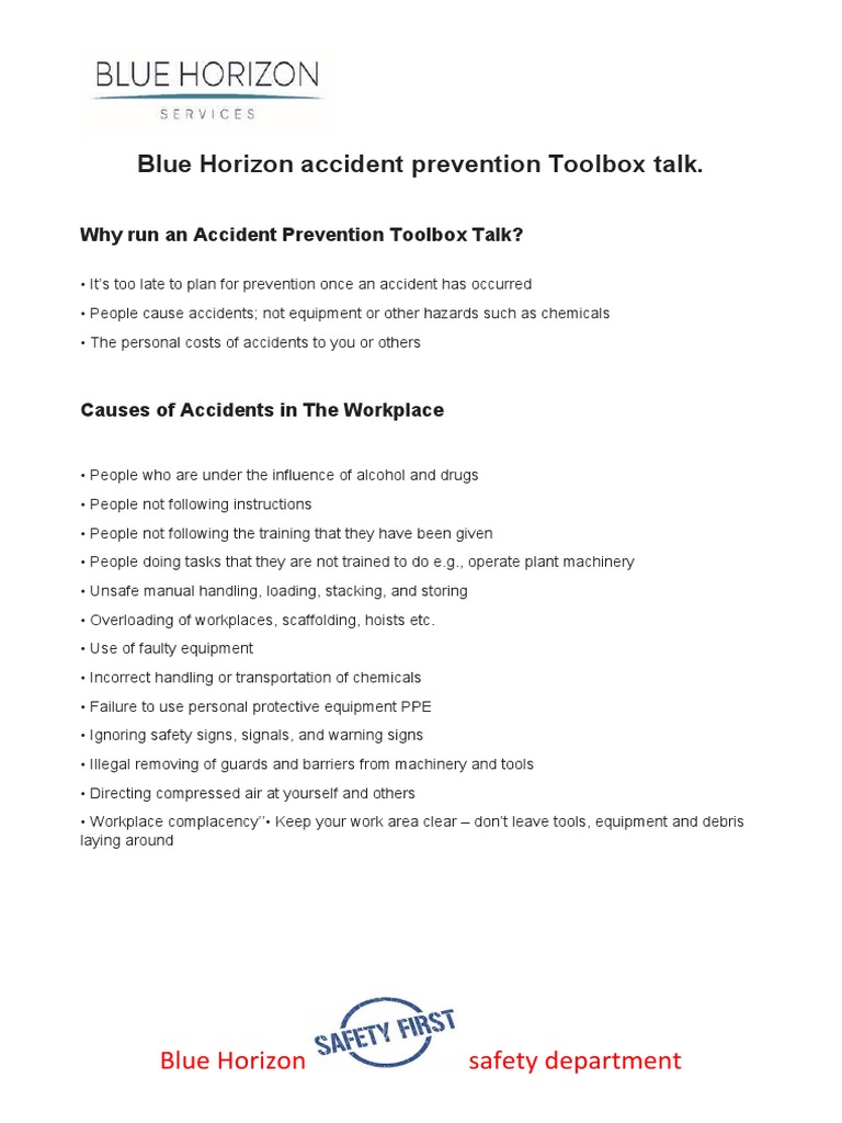 Blue Horizon Accident Prevention Toolbox Talk | PDF | Personal ...