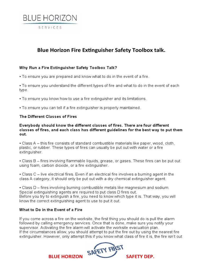 Blue Horizon Fire Extinguisher Safety Toolbox Talk | PDF | Fires ...