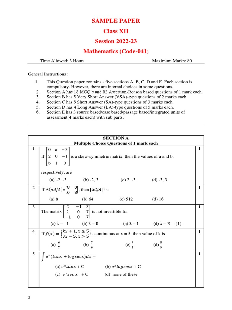 QP, Xii Maths 2022-23 | PDF | Equations | Odds