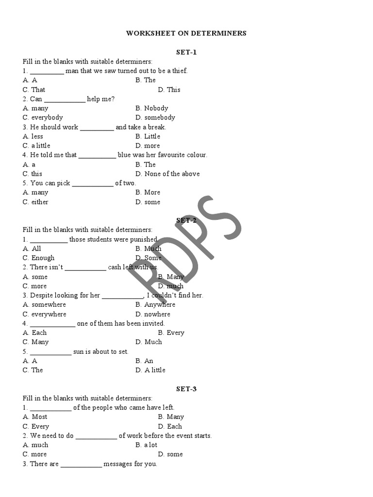 WORKSHEET ON DETERMINERS | PDF